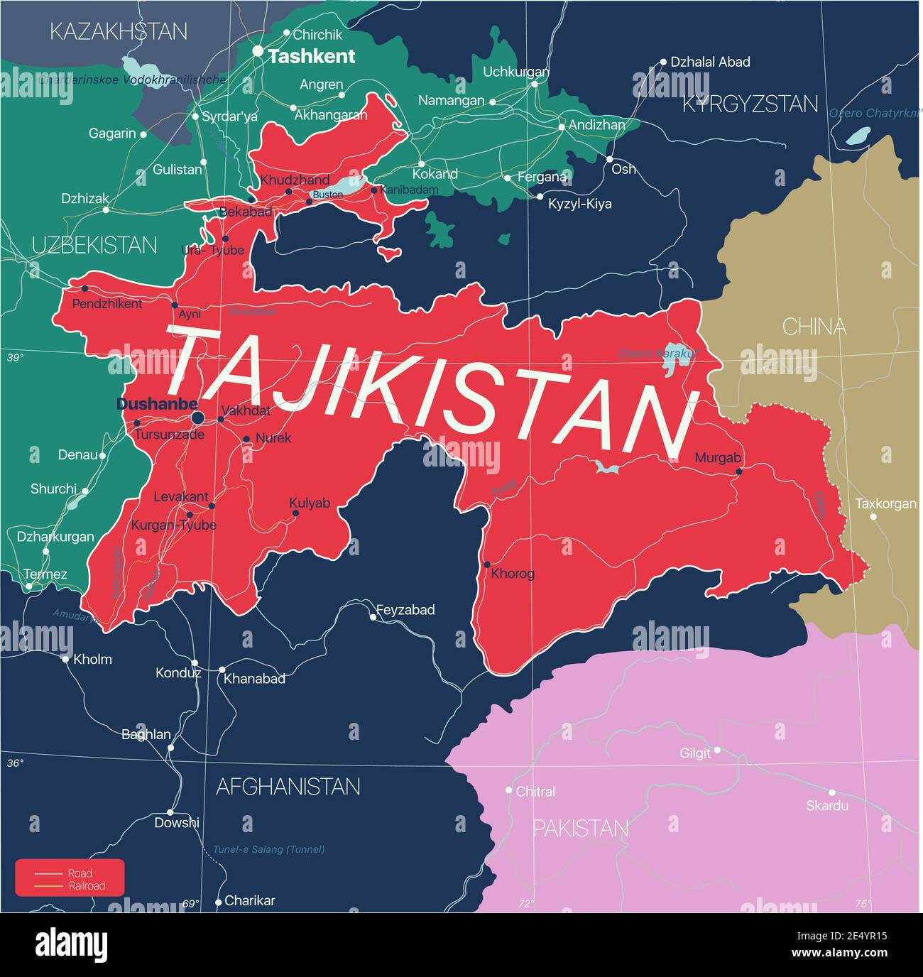 Tajikistan country detailed editable map with regions cities and towns ...