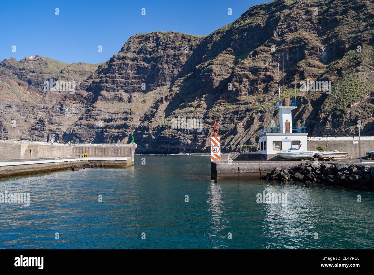 Cliffs of Los Gigantes and marina entrance at Los Gigantes resort town ...