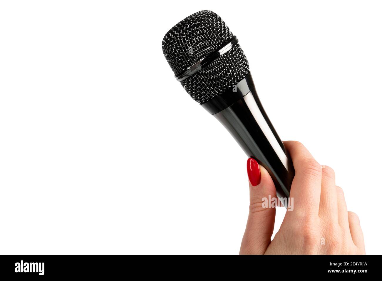 Modern microphone in woman hand isolated on a white background. Woman ...