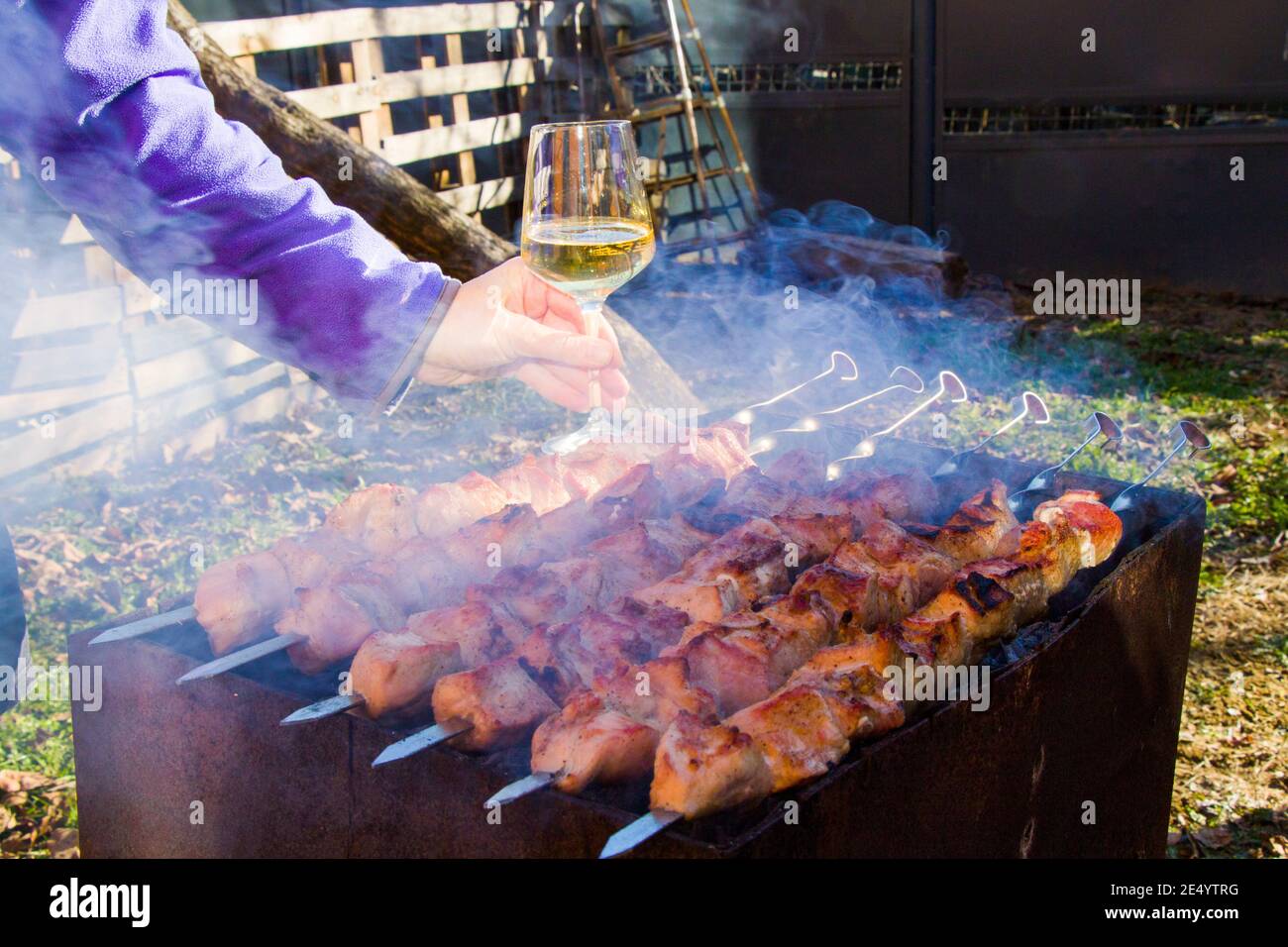 Georgian traditional dish, Mtsvadi on the fire, raw meal on the grill ...