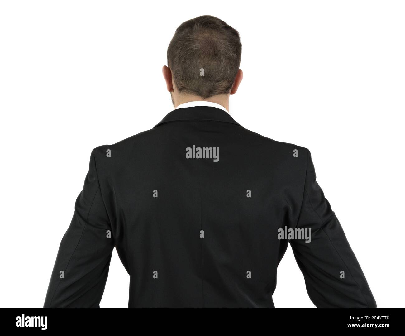 Back view of a young businessman in formal wear on a white background ...