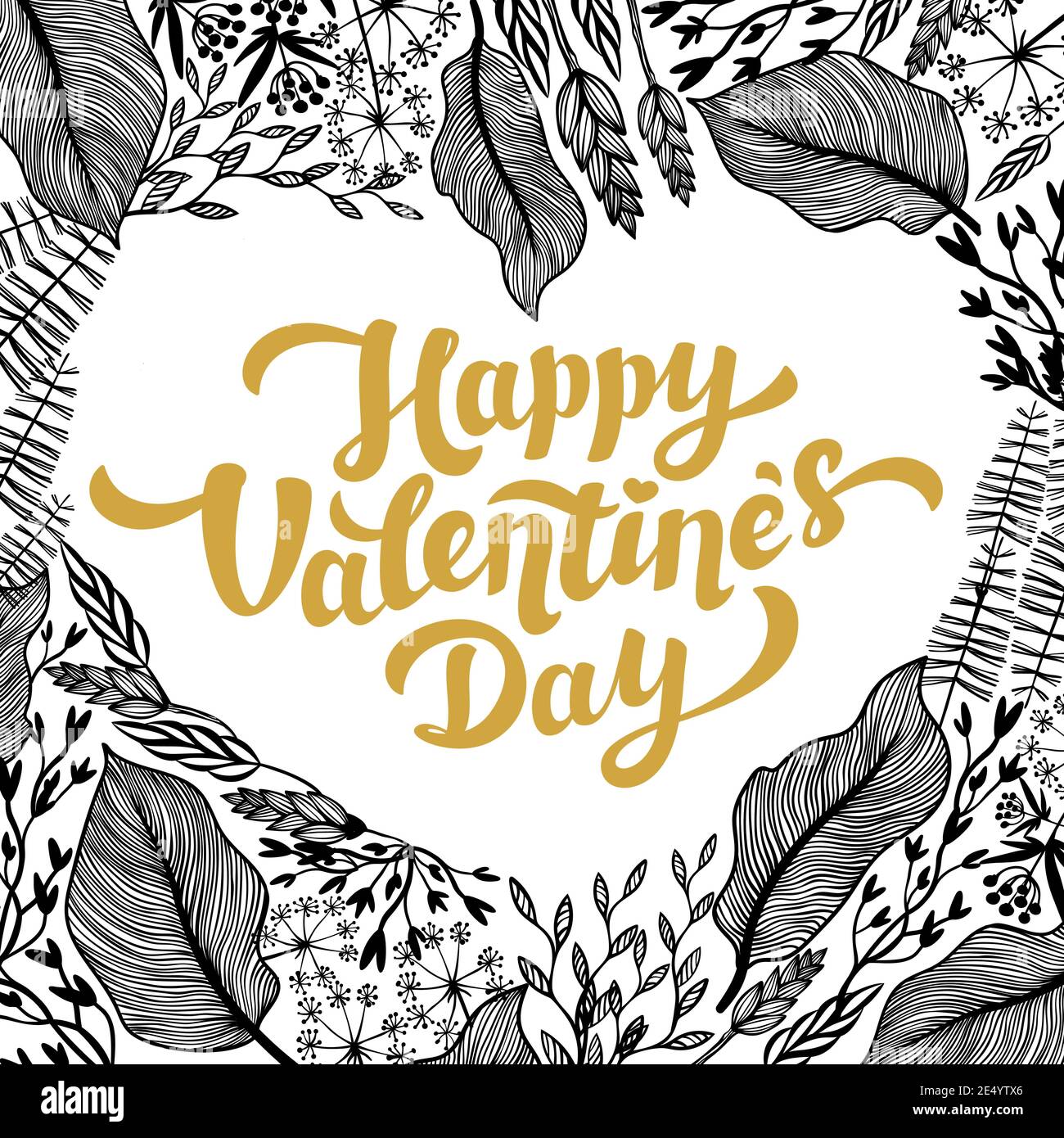 Valentines day card design. Golden Lettering and heart shape Flowers ...