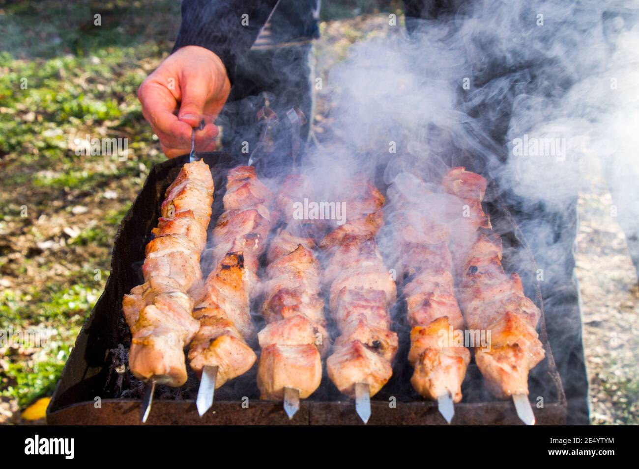 Georgian traditional dish, Mtsvadi on the fire, raw meal on the grill ...