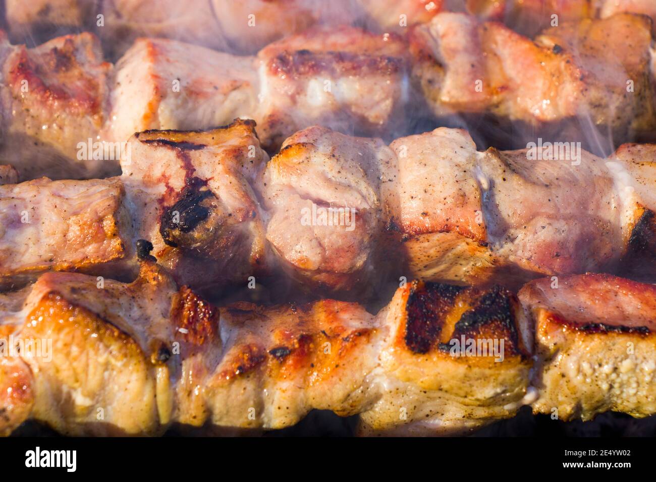 Georgian traditional dish, Mtsvadi on the fire, raw meal on the grill ...