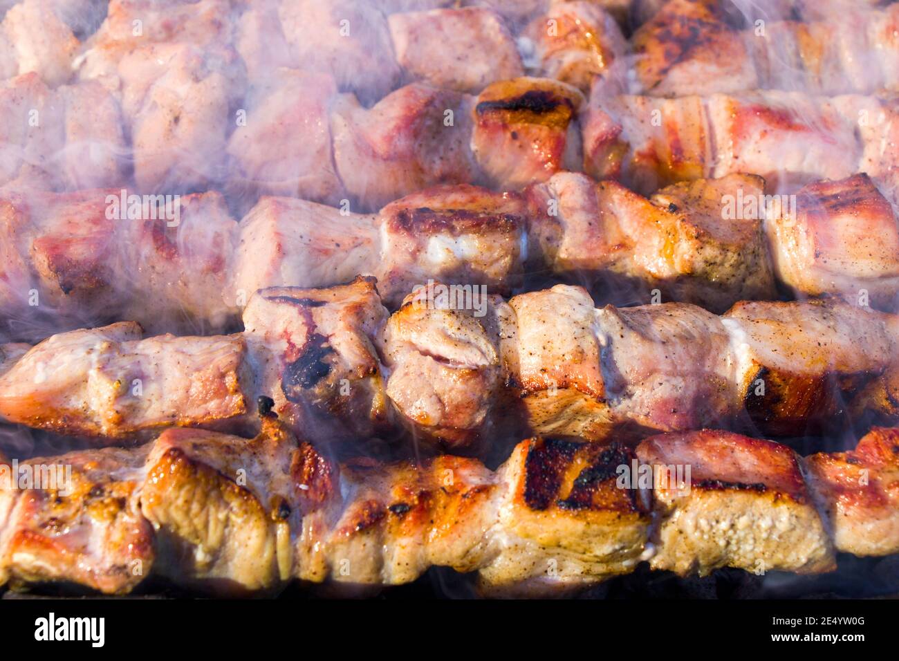 Georgian traditional dish, Mtsvadi on the fire, raw meal on the grill ...