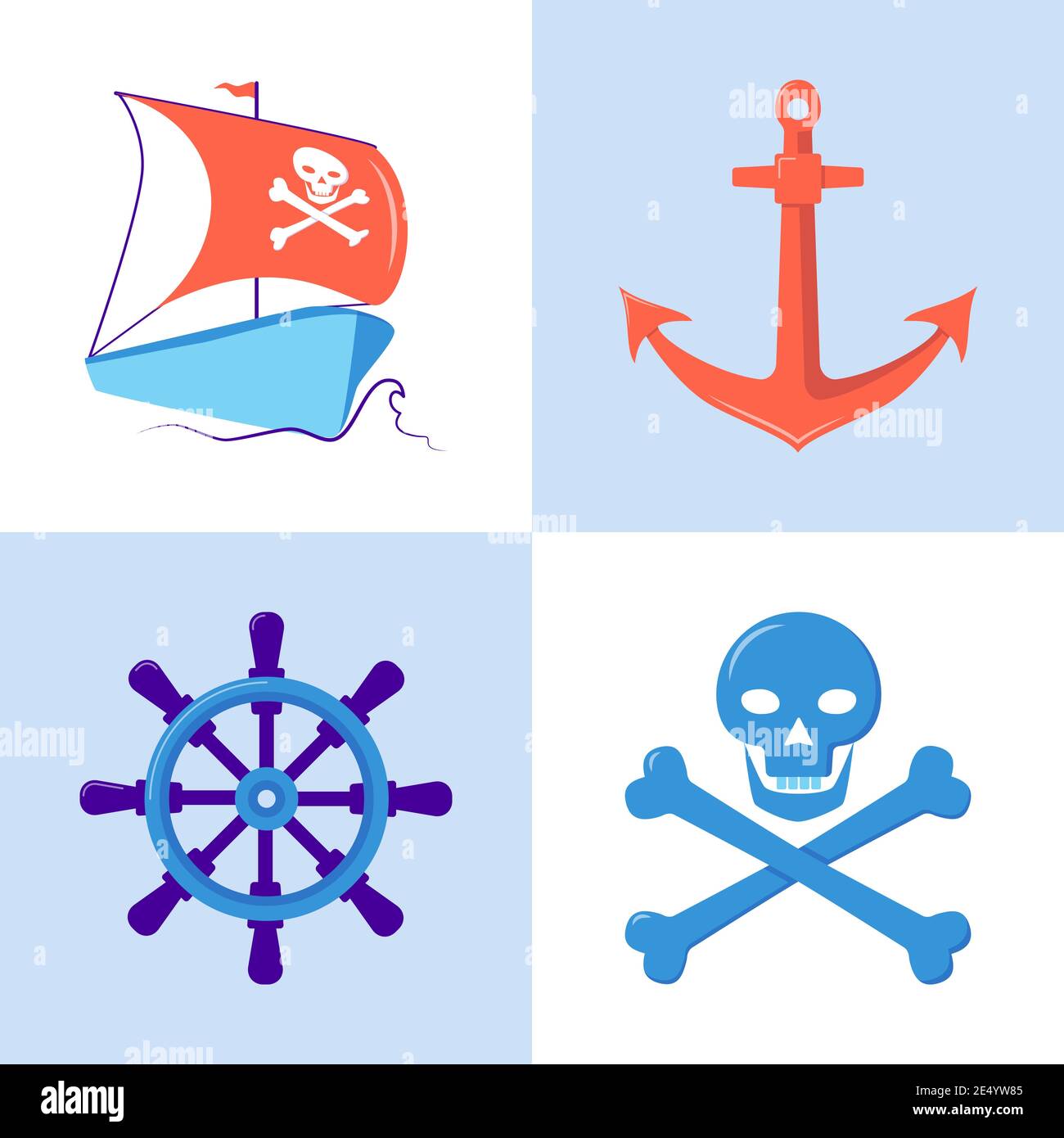 Marine collection of pirate and nautical icons in flat style. Sea ...