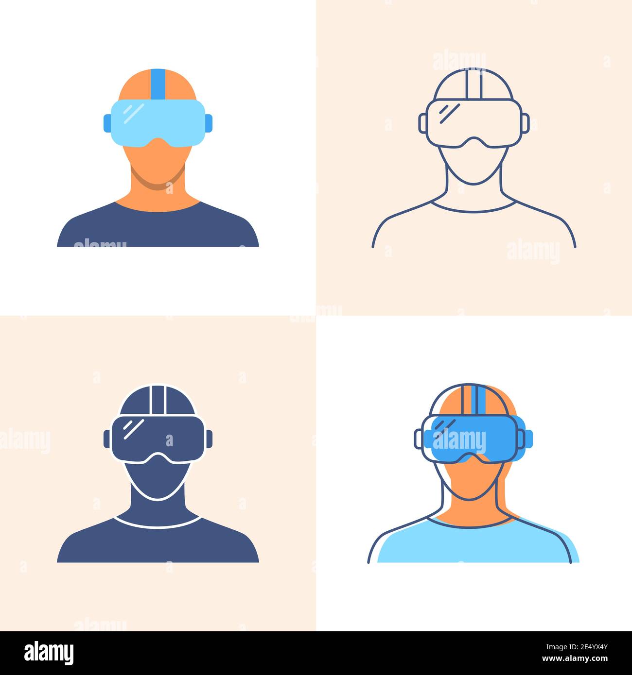 Man in virtual reality headset icon set in flat and line style. Modern ...