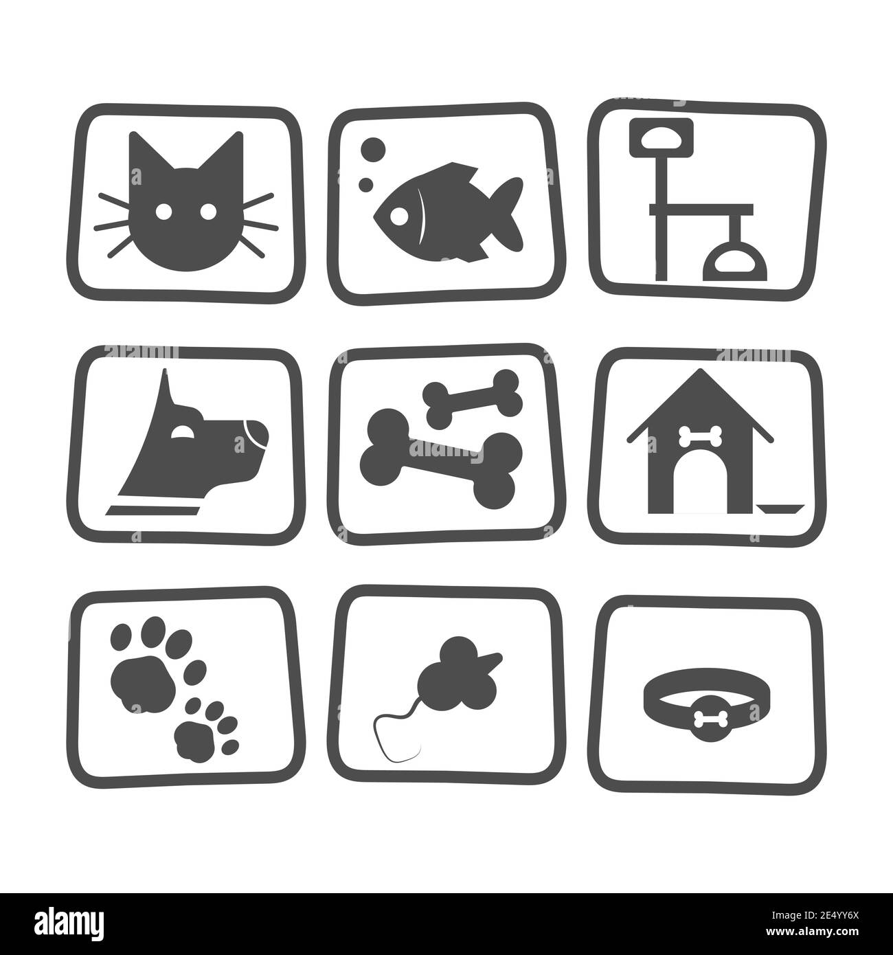 Pet icons set with fish , dog , cat and mouse isolated on white. Black ...