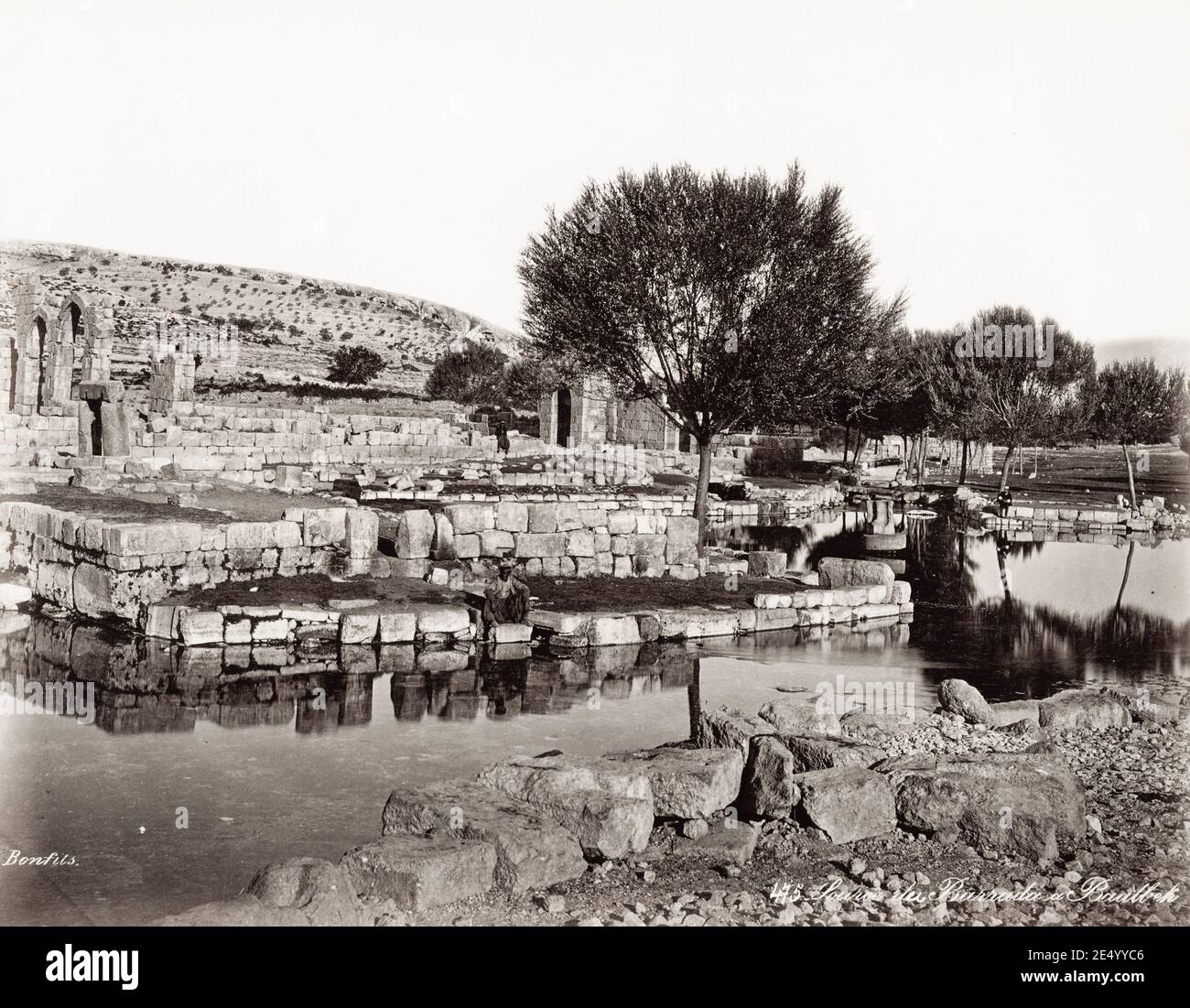 Vintage 19th century photograph: source of the Barada River at Baalbek ...