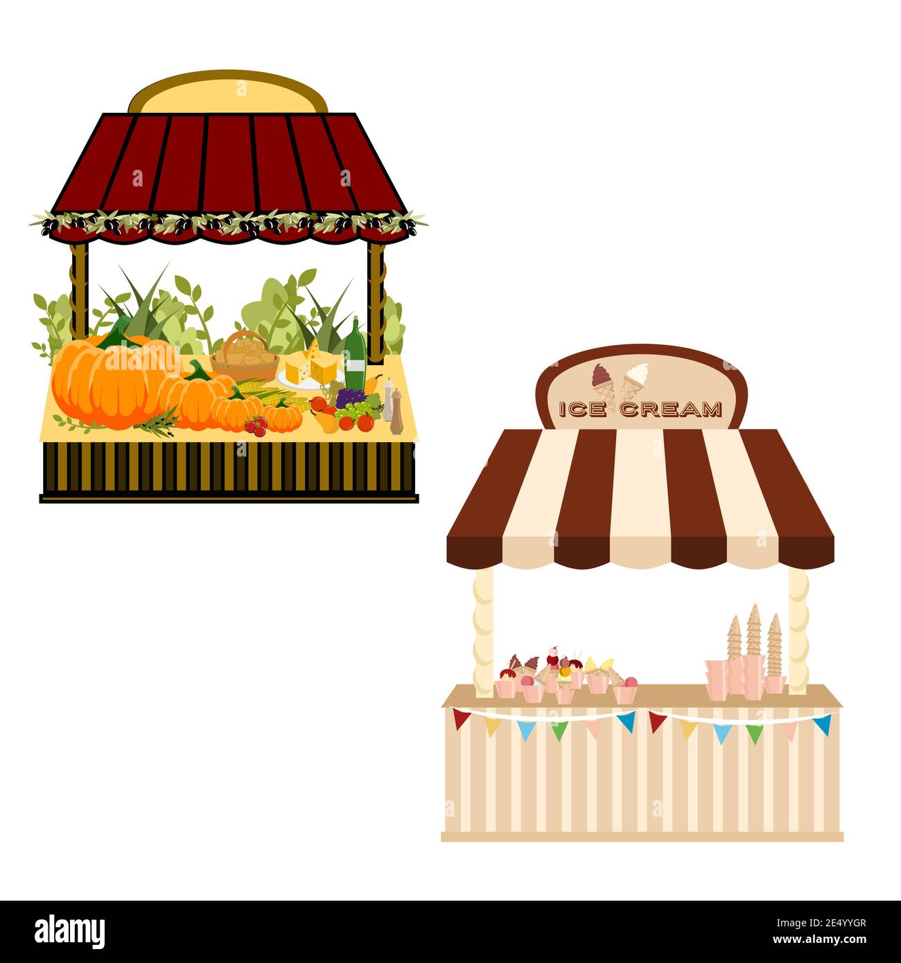 Farmer and ice cream street shop. A lot of food, ice cream, dessert ...