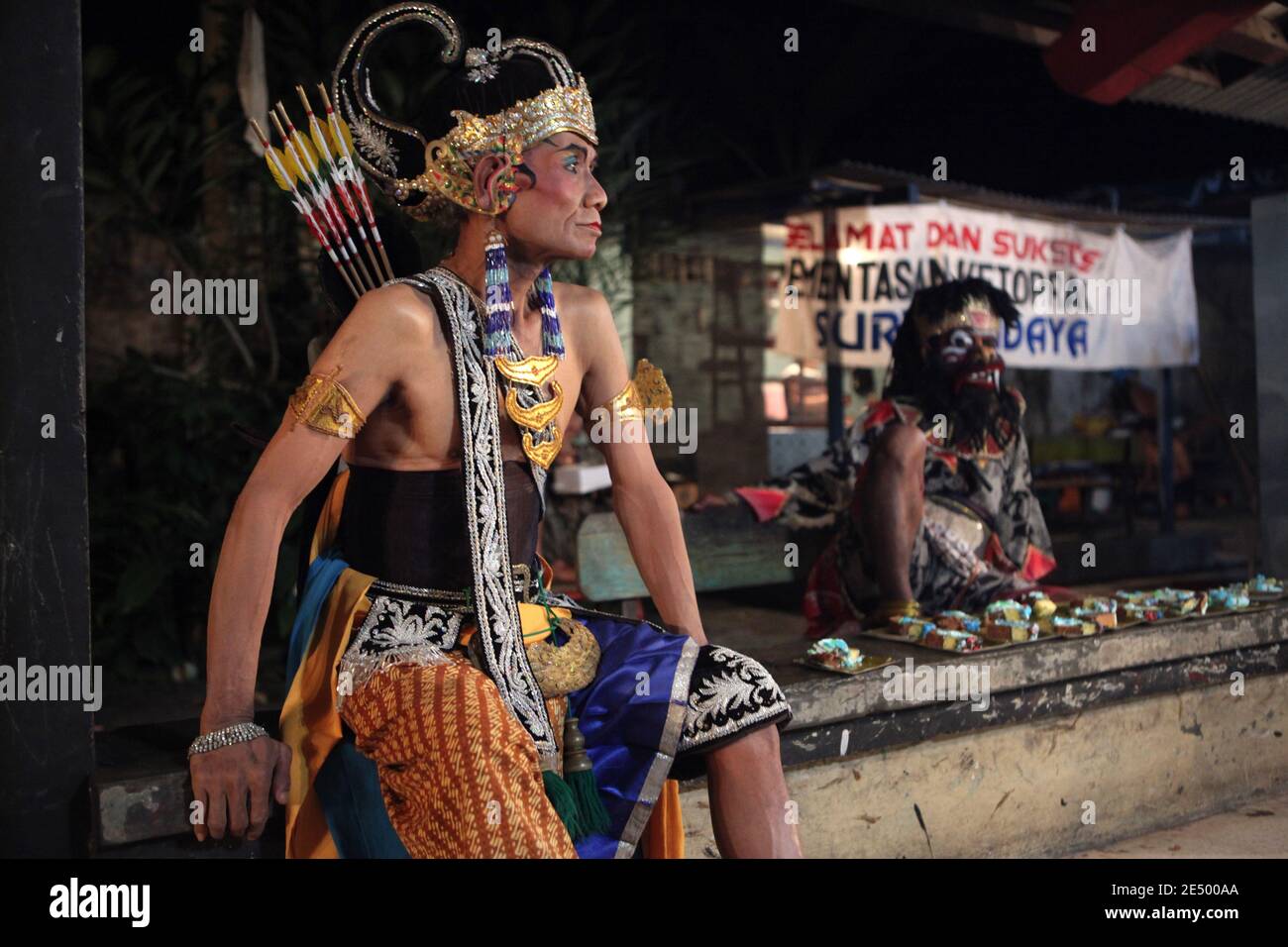 Performer dressed as Rama pictured in the backstage during the wayang ...