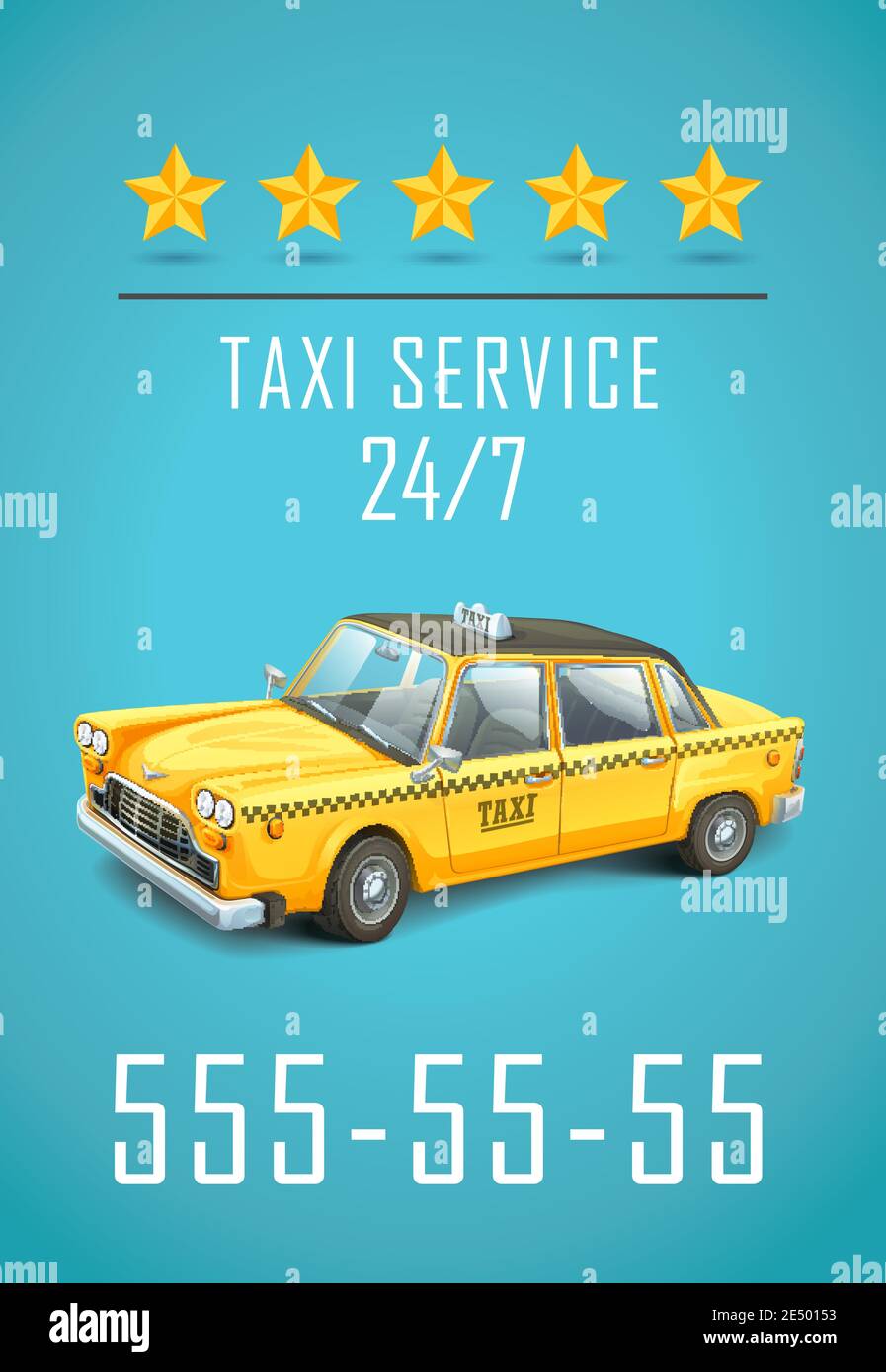 Taxi service design. Detailed illustration of yellow taxi car on blue ...