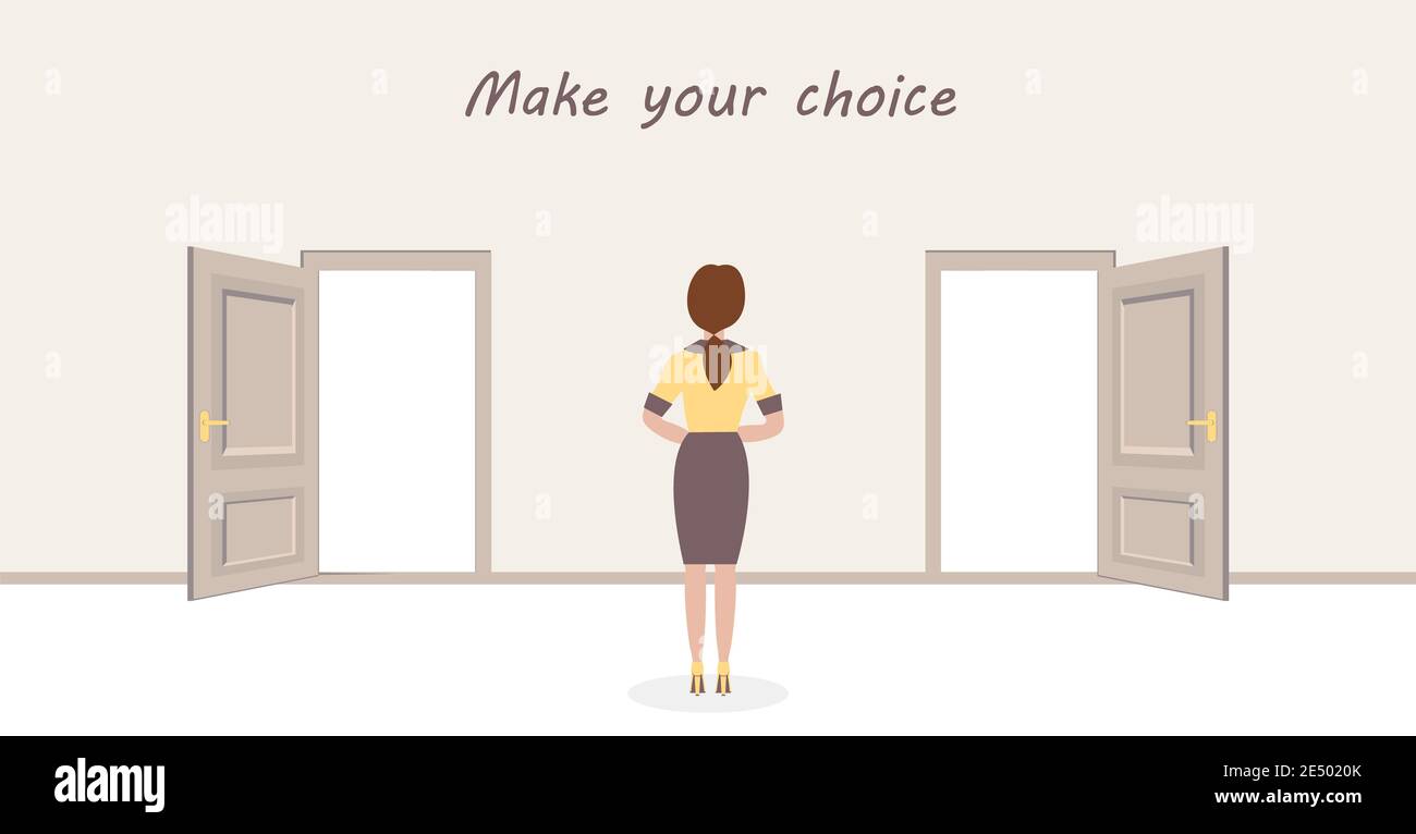 A woman is standing in front of two doors and having a choice. Sign ...