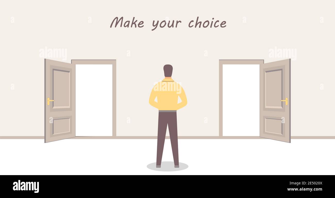 A man is standing in front of two doors and having a choice ...