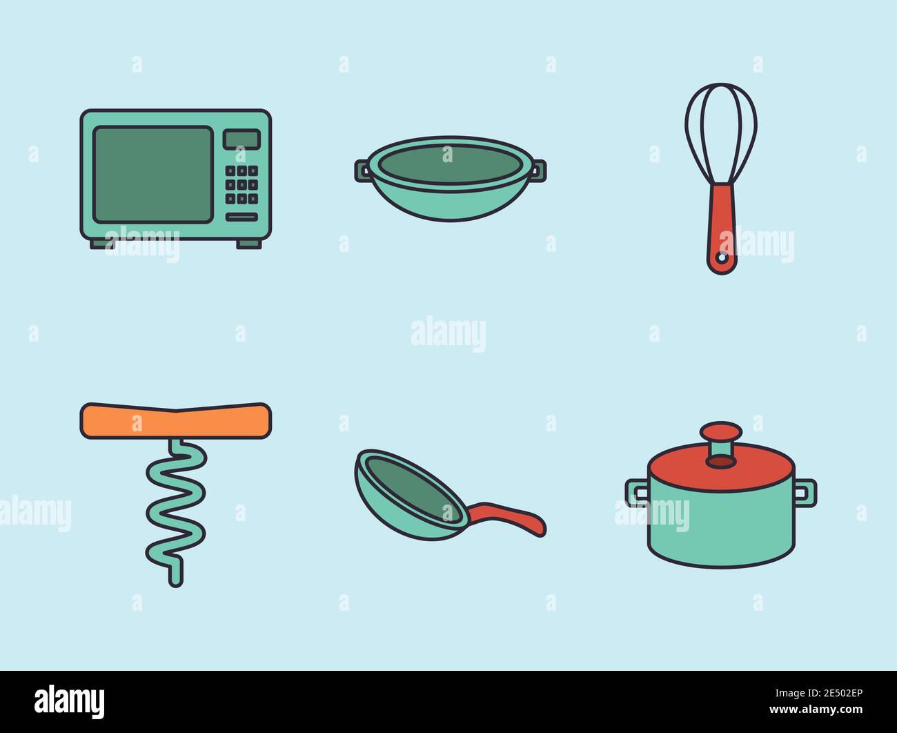 bundle of six kitchen utensils set line and colors style icons vector ...