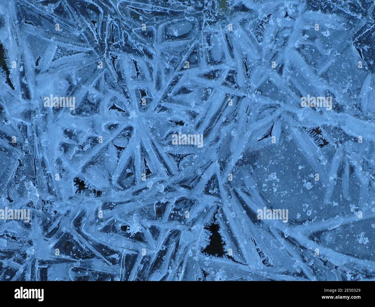 Nature's designs in winter: abstract close-up of frozen ice crystals in ...
