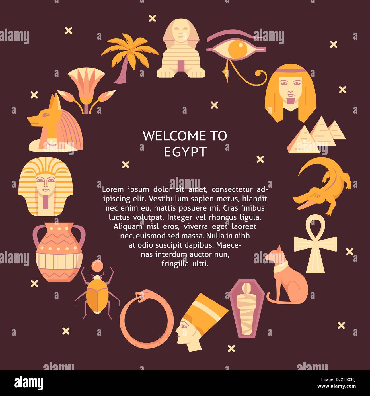 Round banner with Egypt icons in flat style. Pharaoh, Sphinx and ...