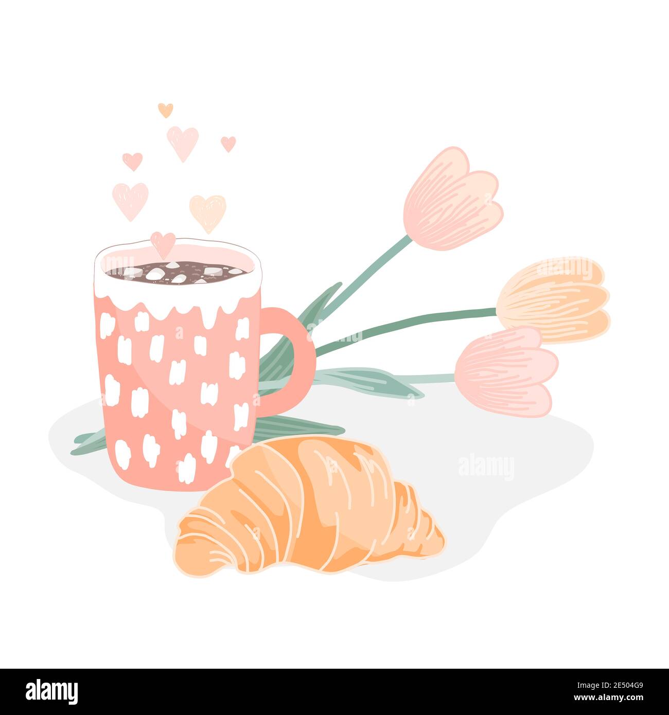 Tasty croissant, hot cocoa or chocolate drink and a bouquet of tulips ...