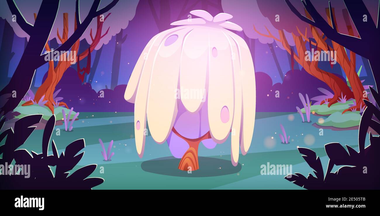 Fantasy landscape of forest swamp with unusual mushroom. Vector cartoon ...