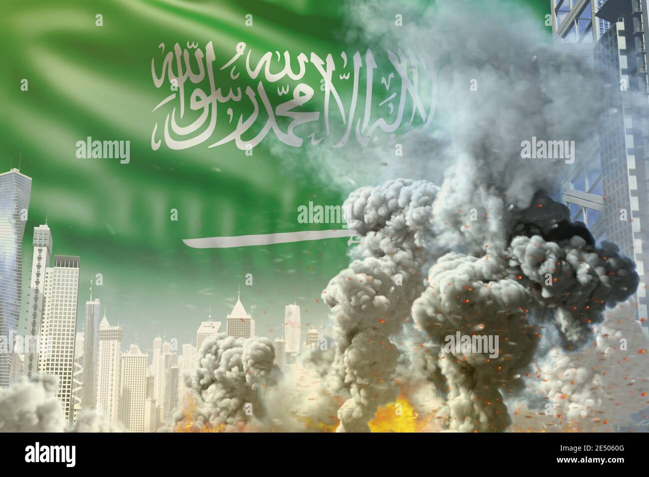 huge smoke column with fire in abstract city - concept of industrial ...