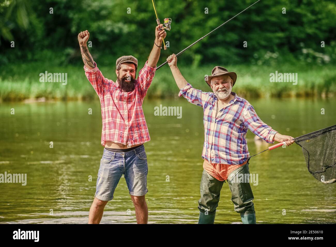 Summer vacation. Happy cheerful people. Fisherman with fishing rod ...