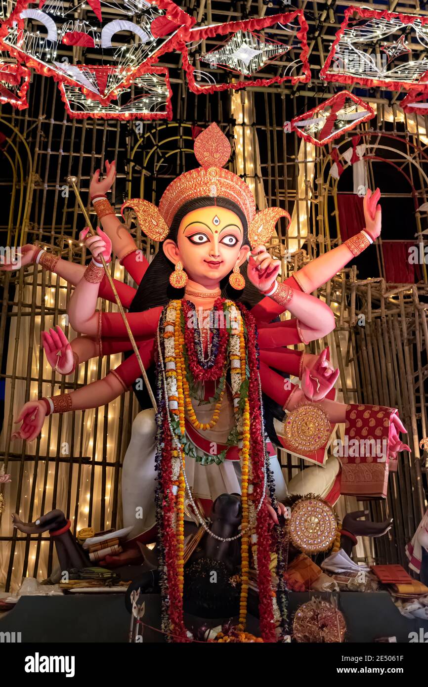 Goddess Durga idol decorated at puja pandal in Kolkata, West Bengal ...
