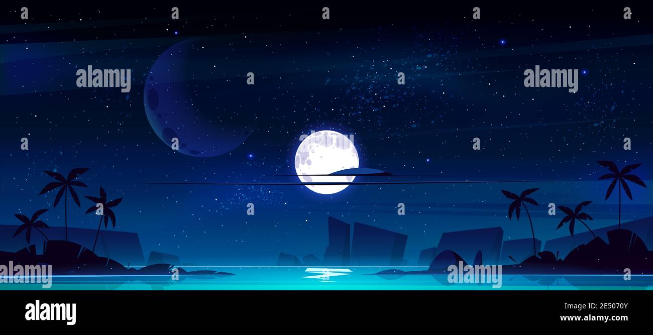 Tropical landscape with sea bay at night. Vector cartoon illustration ...