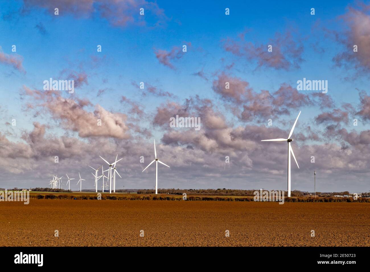 Beauce, France. 25th Jan, 2021. Wind turbines farm in the fields on ...