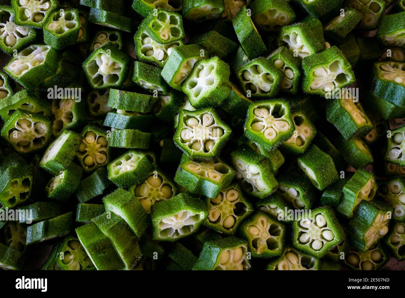 Top view of the cut okra vegetable (also called as ladies finger) ready ...