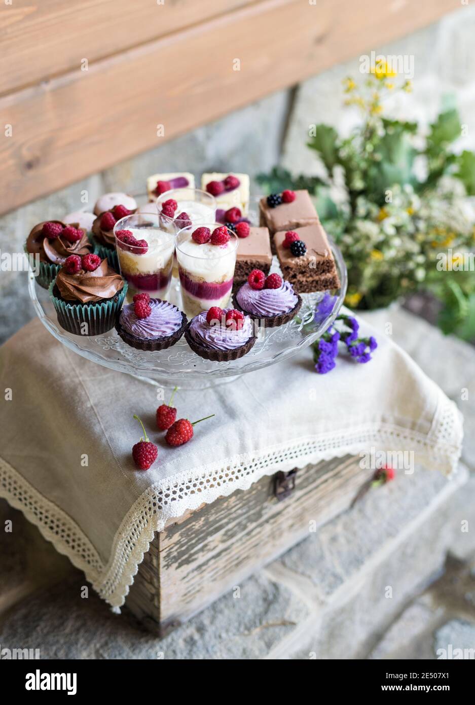 Selection of colorful and delicious cake desserts on tray Stock Photo ...