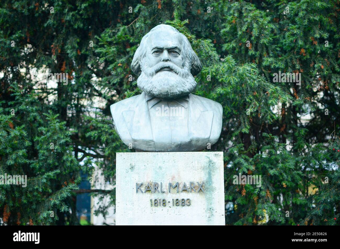 Berlin, Germany - October 16, 2013: Karl Marx statue in front of trees ...