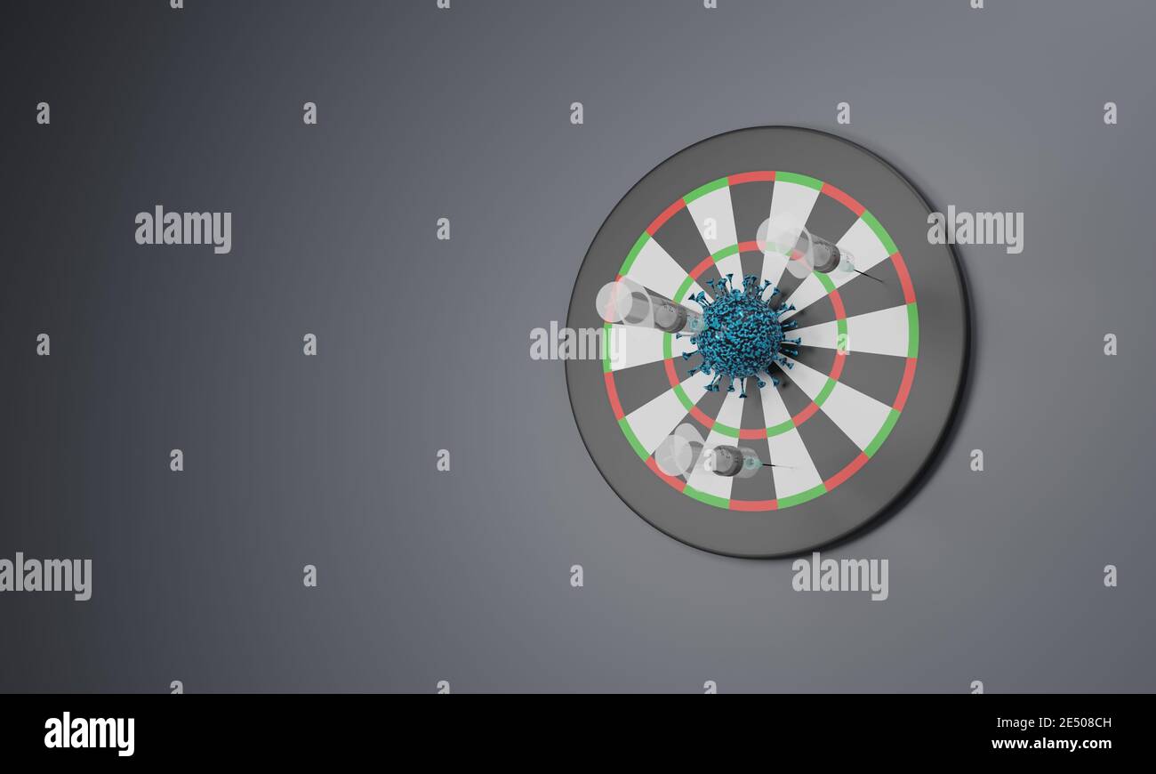 3D render of an entertaining game of darts with a syringe throwing at a ...
