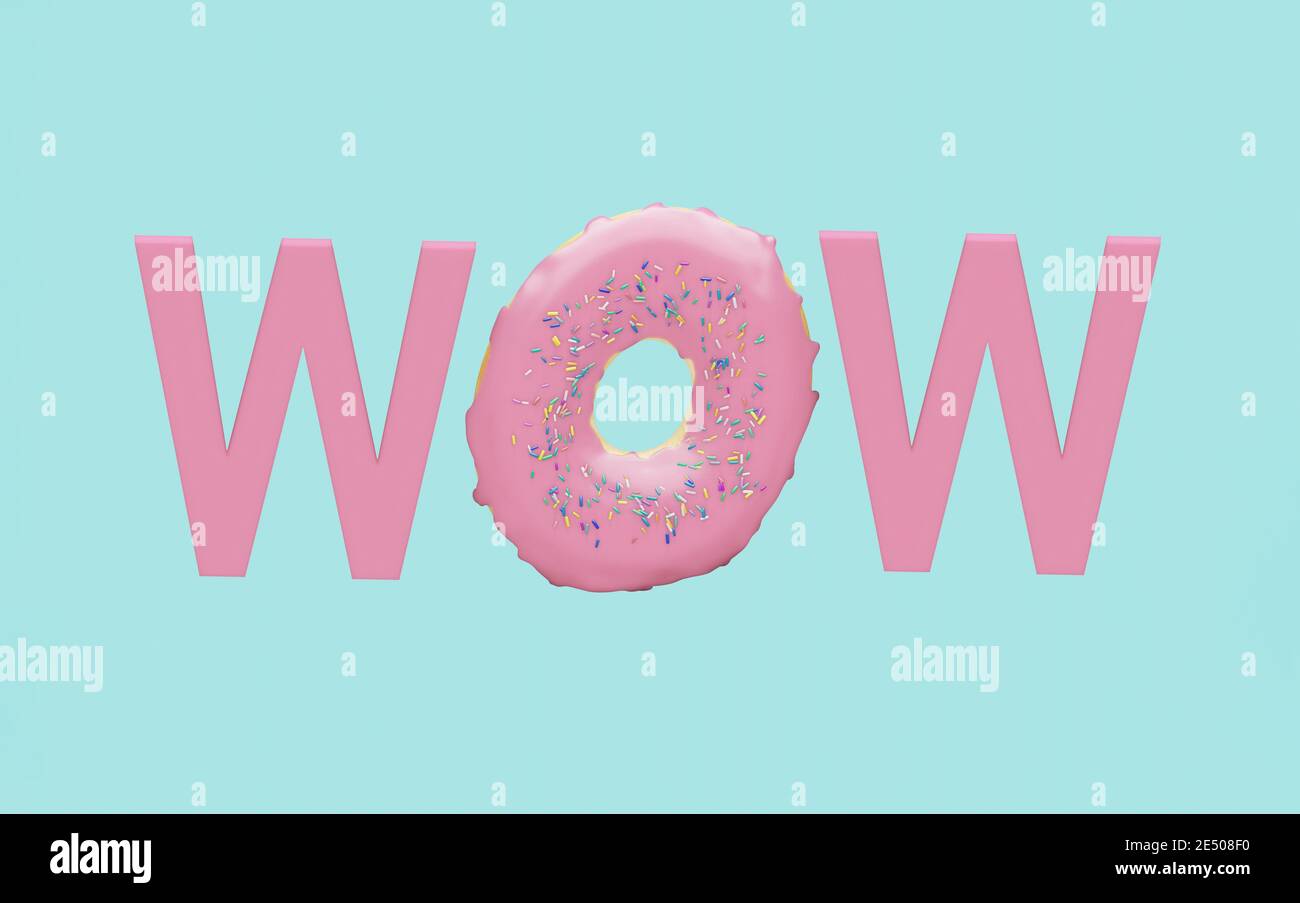 Pink WOW donut on blue background, 3d illustration Stock Photo - Alamy