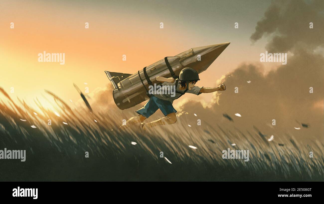 boy with a big rocket mounted on his back running in the filed at ...