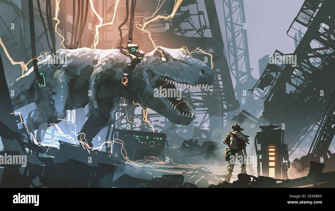 a hunter looked at the captured T-rex in abandoned lab, digital art ...