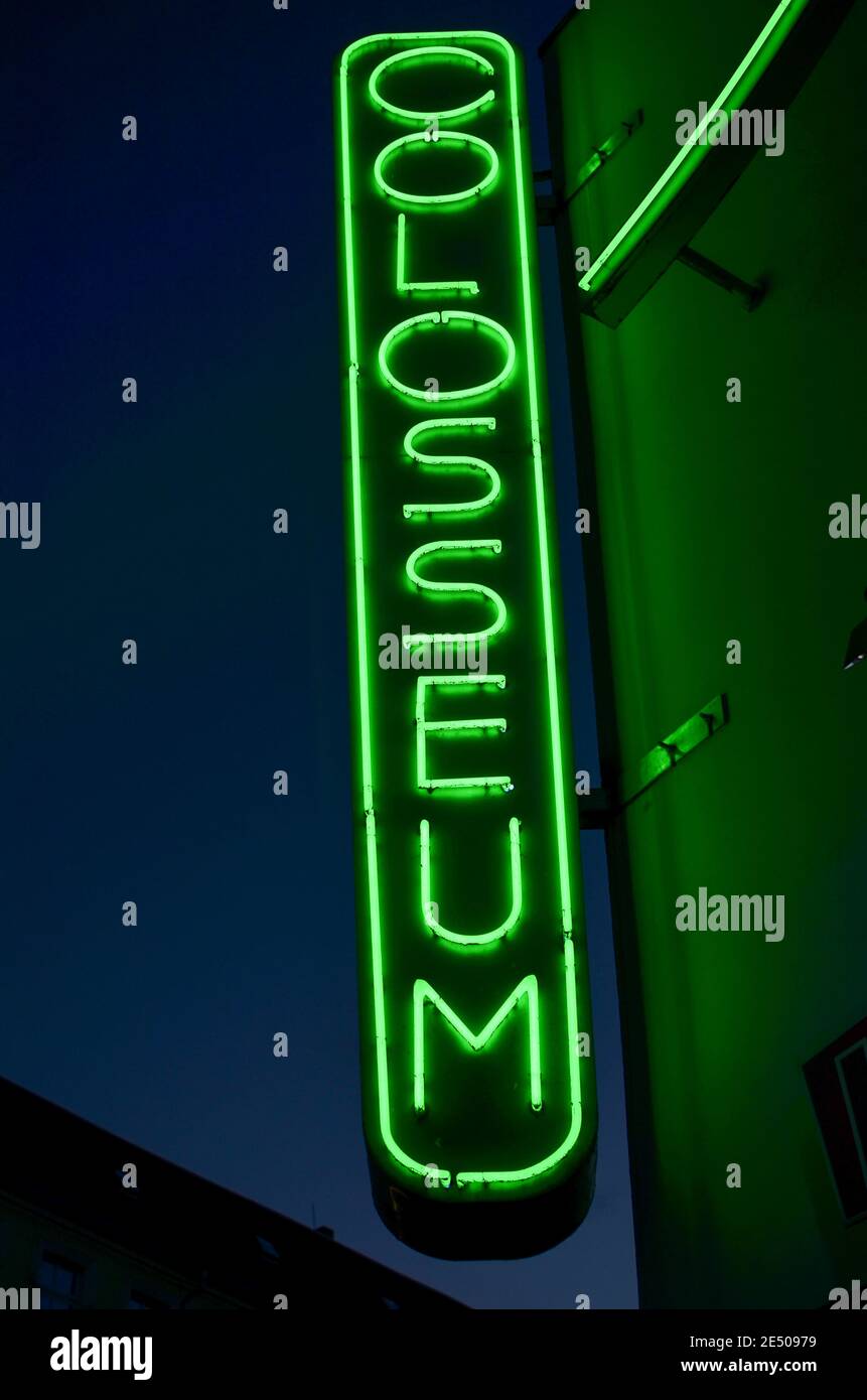 Berlin, Germany - October 17, 2013: Neon lights on a building wall ...