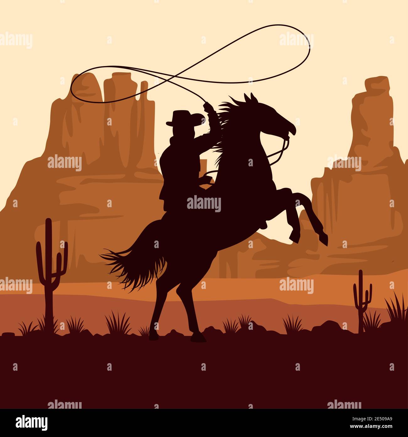 cowboy figure silhouette in horse lassoing in the sunset landscape ...