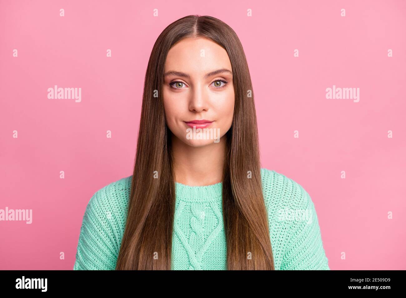 Close up photo of gorgeous hairdo young person look camera wear teal ...