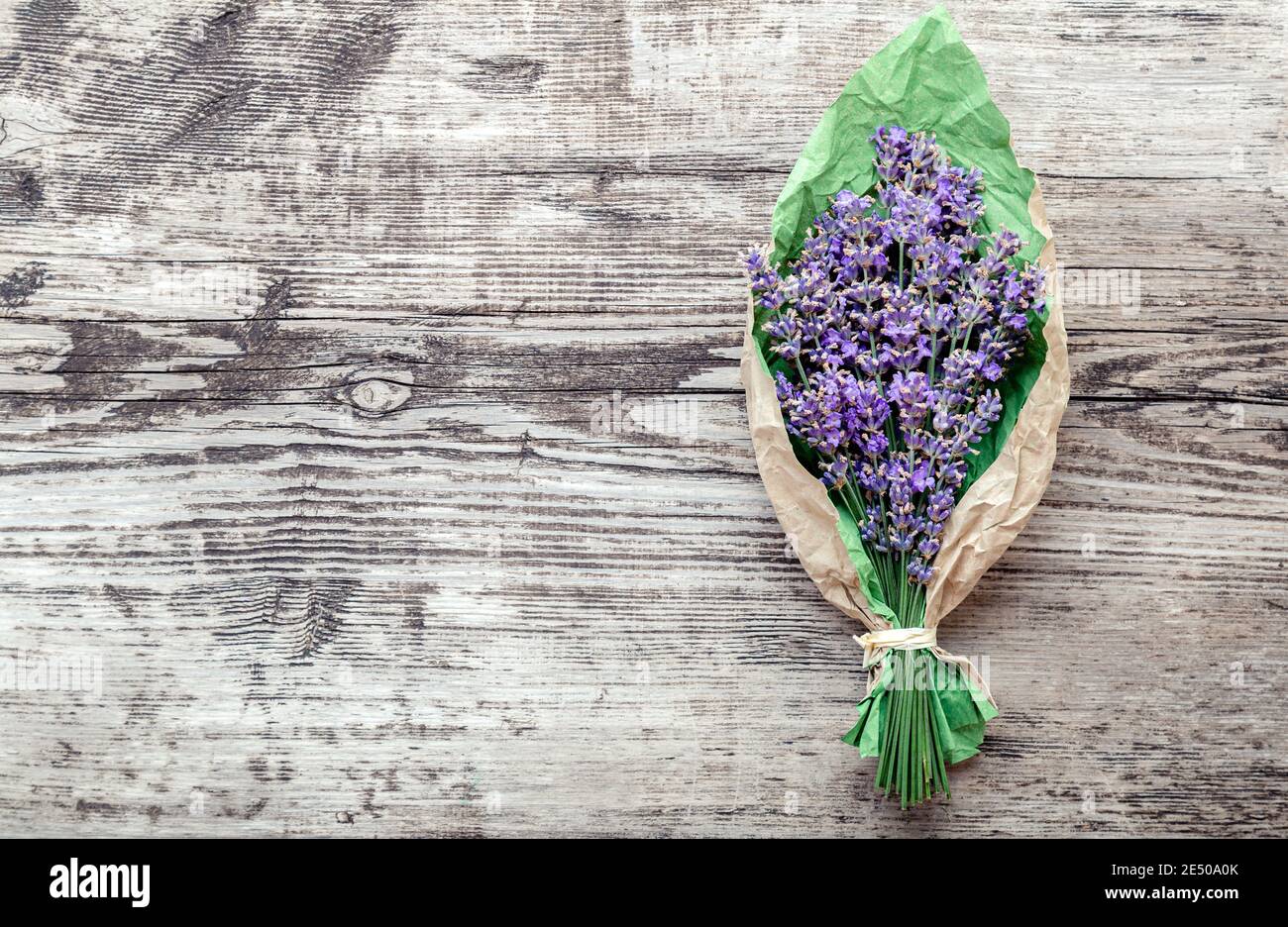 Bouquet of lavender in paper packaging with copy space for text. Fresh ...