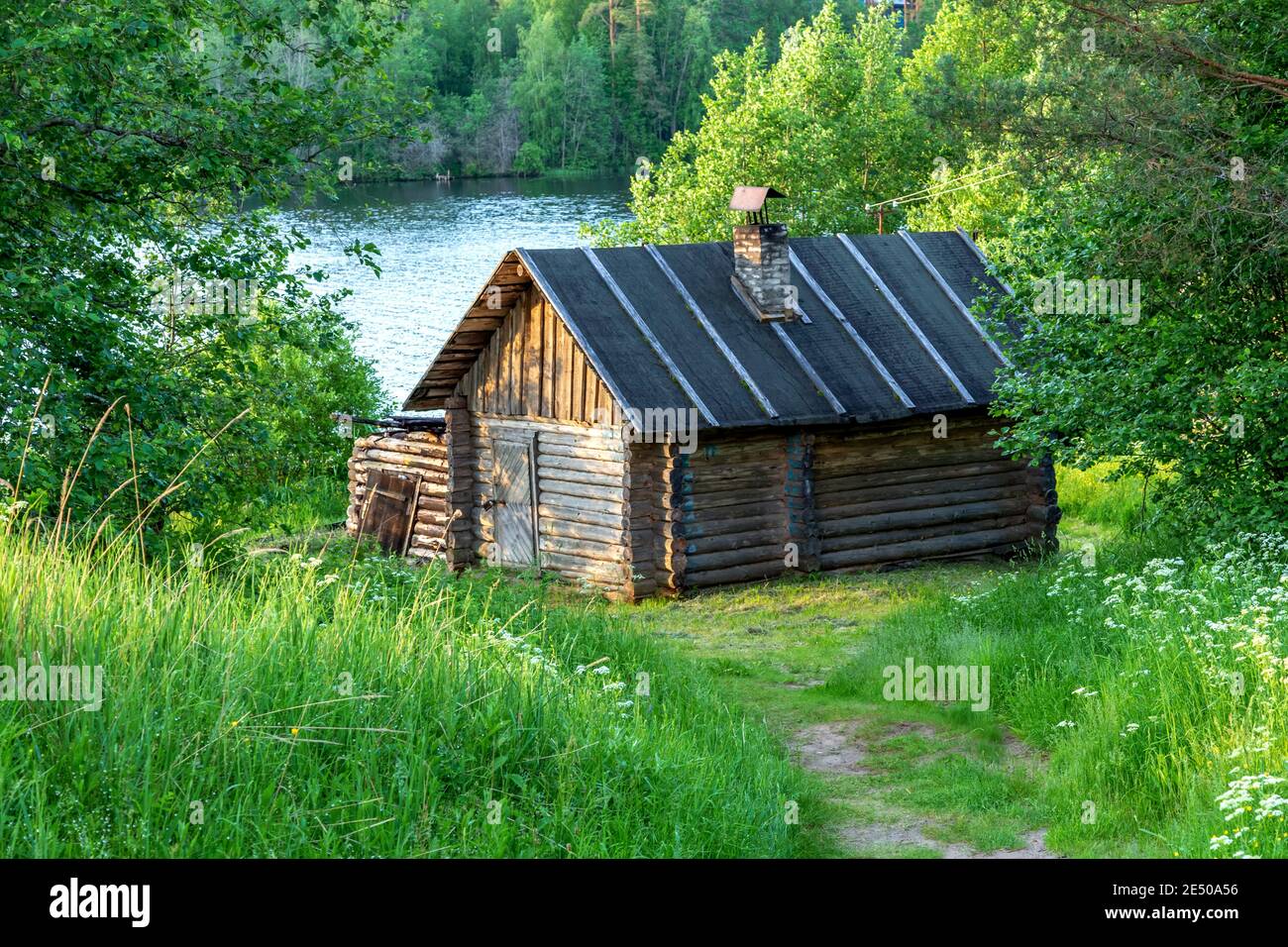 Log Cabin, wooden hut finnish sauna, green forest meadow landscape ...