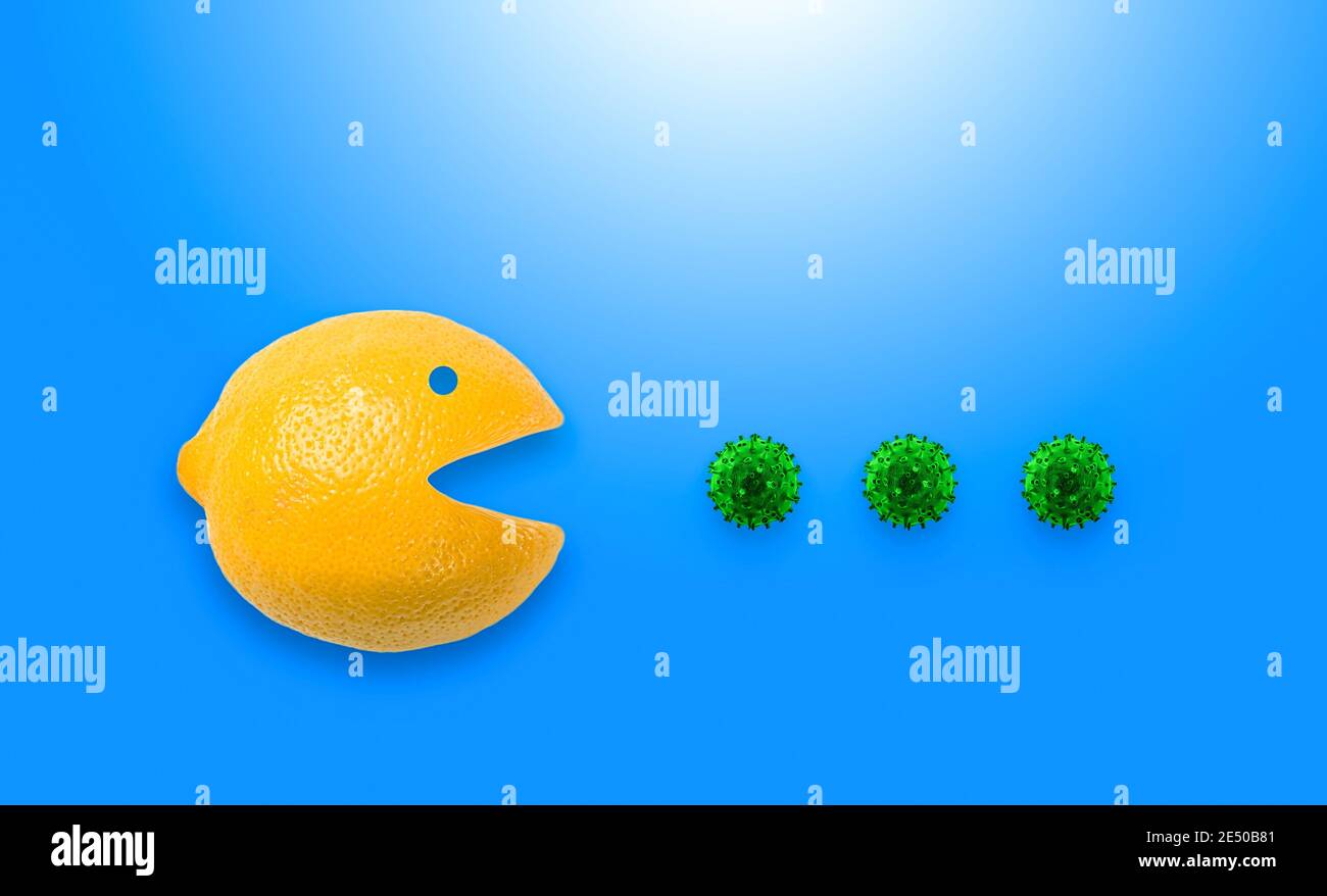 Lemon Pacman eating viruses or bacterias on blue background, Pacman ...