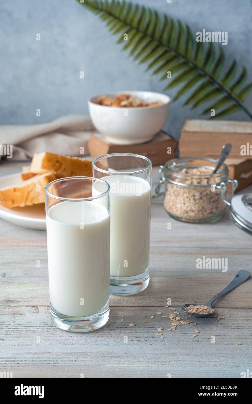 Two glasses of milk on a gray background with food. Side view with copy ...