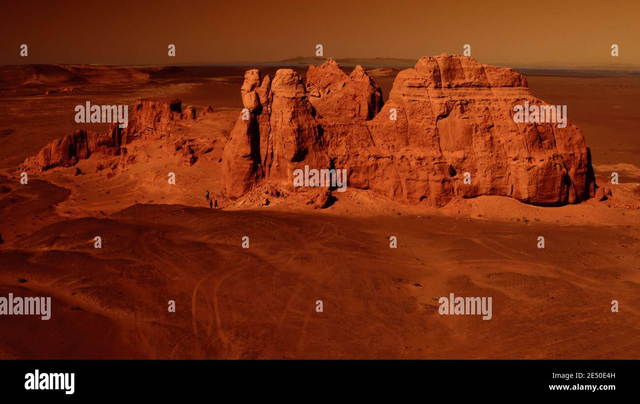 Fantastic martian landscape in rusty orange shades, Mars surface, Desert, Cliffs, sand. Alien ...