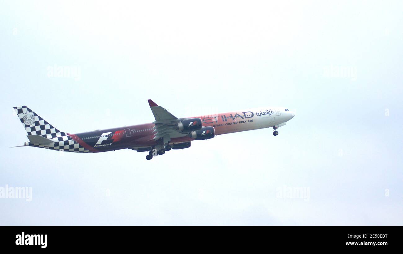 MUNICH, GERMANY - 11 OCTOBER 2015: Etihad Airways Airbus A340 take off ...