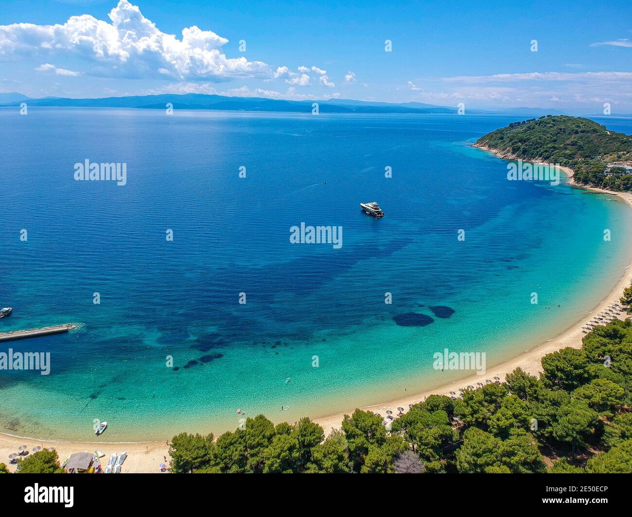 Aerial view over Koukounaries beach in Skiathos island, Sporades ...