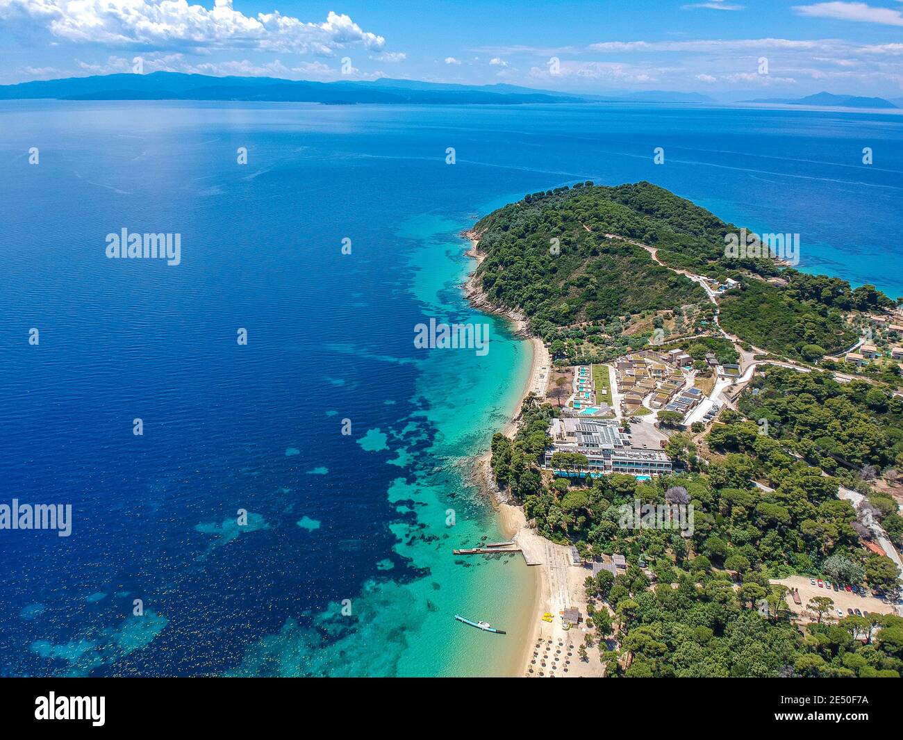 Aerial view over Koukounaries beach in Skiathos island, Sporades ...