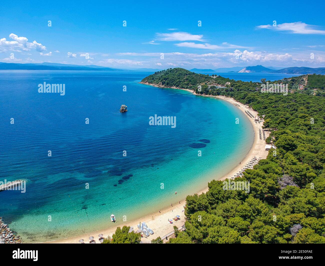 Aerial view over Koukounaries beach in Skiathos island, Sporades ...