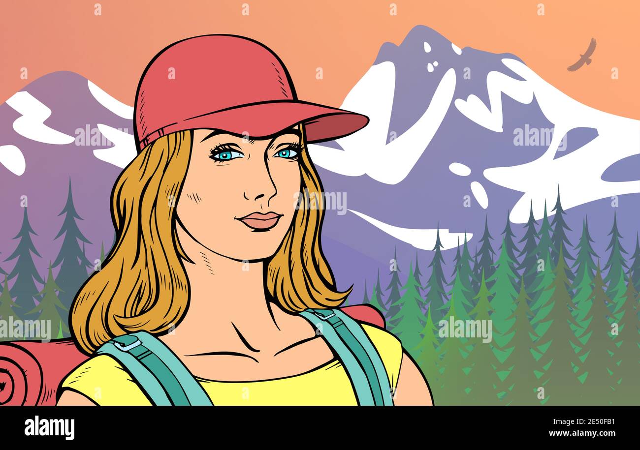 Hiking girl with a backpack on the background of mountains and ...