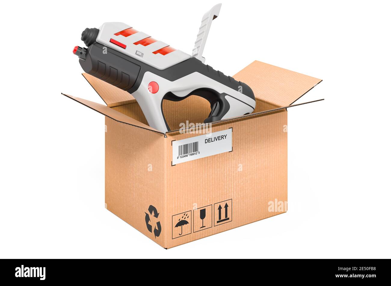 Game gun inside cardboard box, delivery concept. 3D rendering isolated ...