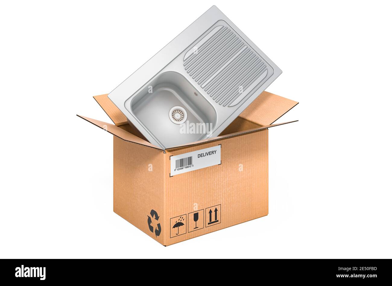 Kitchen sink inside cardboard box, delivery concept. 3D rendering ...